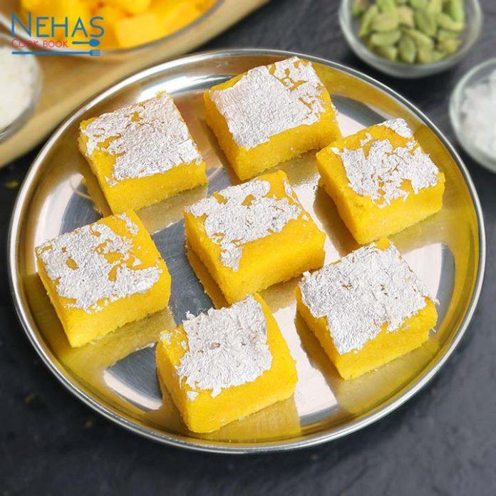 Mango koprapak | Mango coconut barfi | mango barfi - Nehas Cook Book