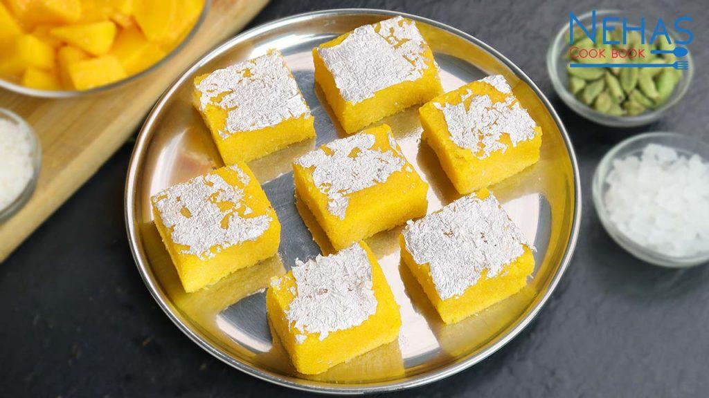 Mango koprapak | Mango coconut barfi | mango barfi - Nehas Cook Book