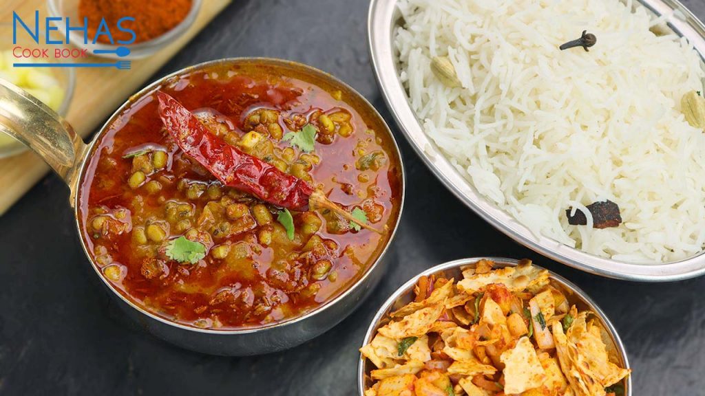 Green moong curry recipe | cooker pulao recipe | papad-keri salad ...